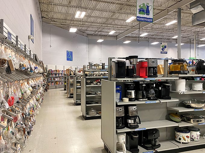 Coffee makers to the left, packaged treasures to the right – the homegoods section is a domestic dream for apartment dwellers and homeowners alike.
