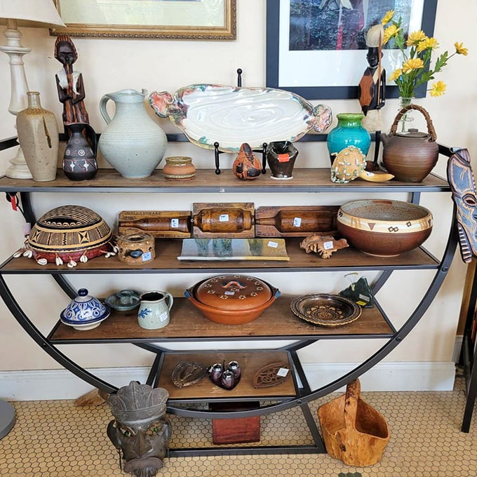 A museum-worthy display of global pottery and artifacts creates an unexpected cultural journey between the clothing racks and housewares section.
