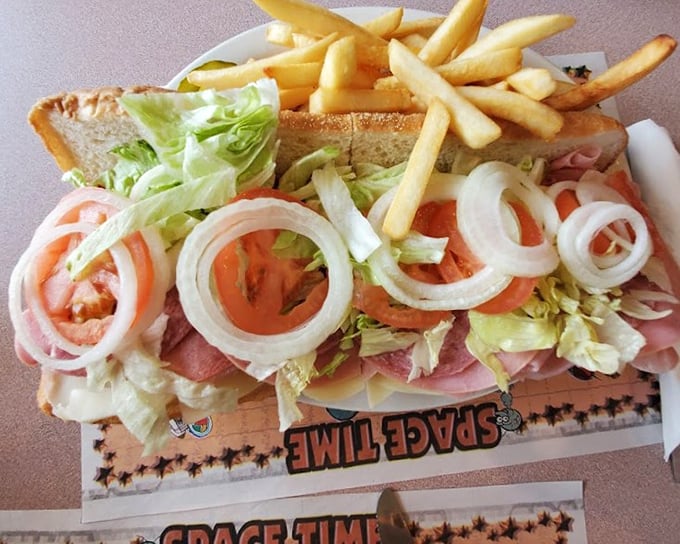 This Italian hoagie could teach a masterclass in sandwich architecture—layers of meat, cheese, and veggies in perfect structural harmony.