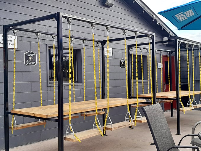 Swing seats at this local eatery let you play while you dine. Like childhood, but with better food and no one telling you to stop playing with it.