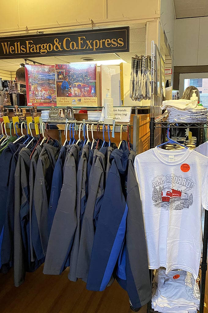 The gift shop offers wearable memories—because sometimes "I rode the train" makes a better statement than designer labels.