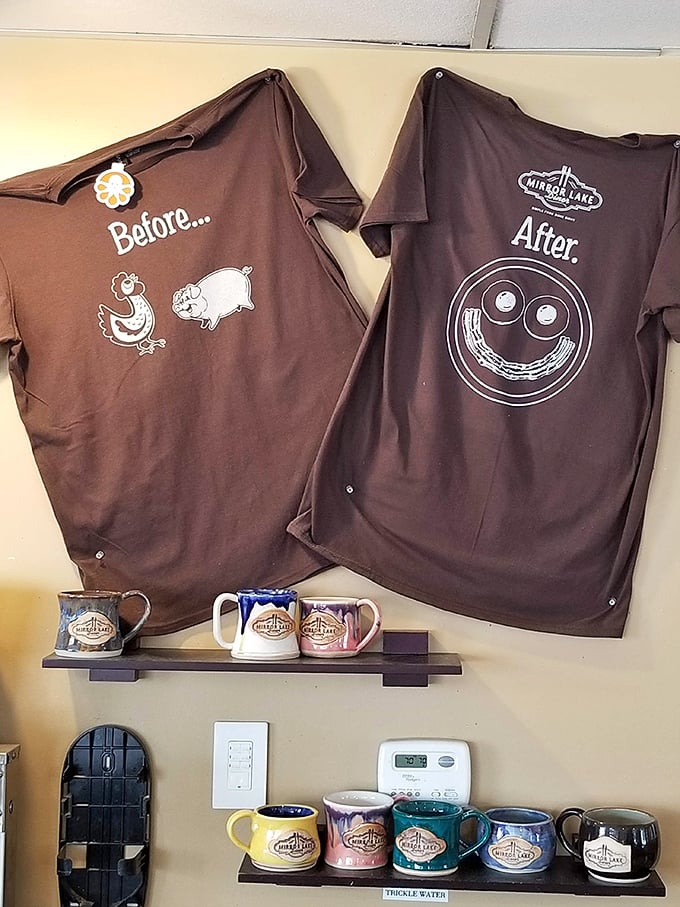 Their cheeky "Before and After" shirts tell the whole Mirror Lake Diner story – you arrive hungry and leave with a smile.