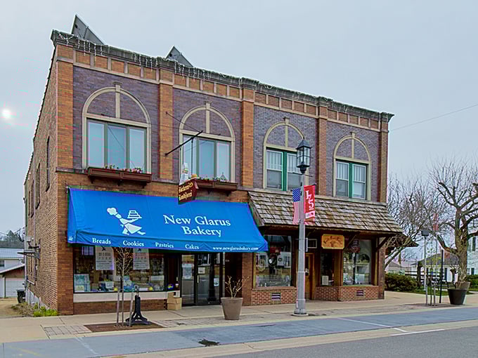 The New Glarus Bakery's blue awning signals a treasure trove of Swiss pastries within. Resistance is futile – your diet doesn't stand a chance.
