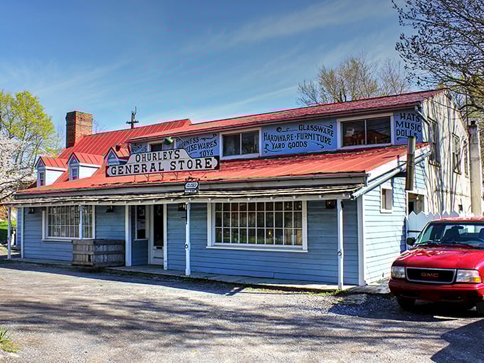 O'Hurley's General Store looks like it's waiting for a horse and buggy to pull up—a delightful time capsule of mercantile Americana.