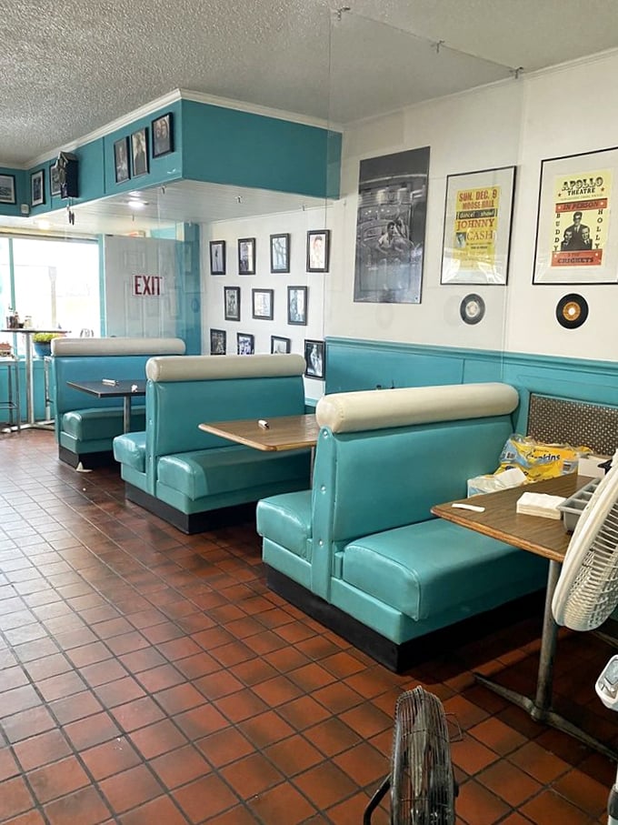 Classic turquoise booths invite you to slide in and stay awhile—they've been supporting hungry Ohioans and their breakfast dreams for years.