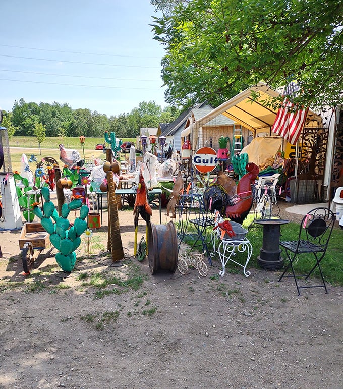 Garden art that makes a statement. That metal rooster isn't just decor—it's a conversation starter that will have neighbors wondering about your excellent taste.