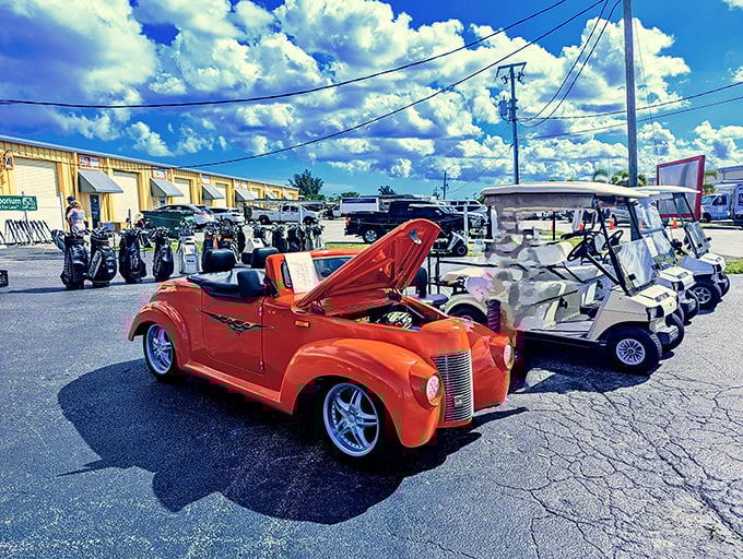 Classic cars and golf carts share the parking area, showcasing another side of the market where vehicles themselves become the merchandise.
