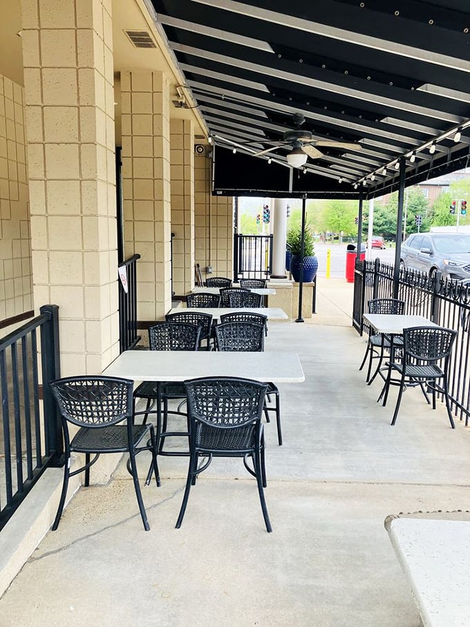 Outdoor dining at Chris' offers fresh air with your French toast, proving that pancakes taste even better with a side of sunshine.