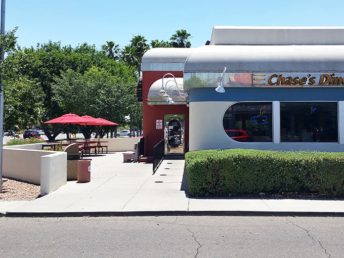 Even the Arizona heat can't compete with the cool factor of Chase's outdoor seating area—a red umbrella oasis.