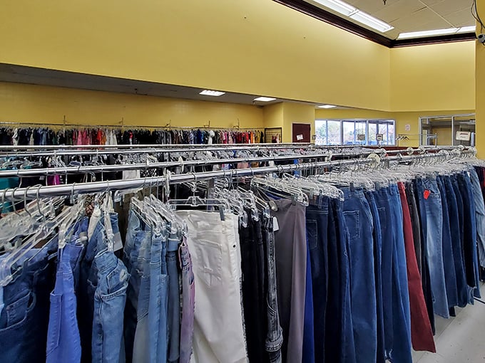 Denim for days! This jean library offers every wash, cut, and size imaginable—proof that America's favorite pants never truly go out of style.