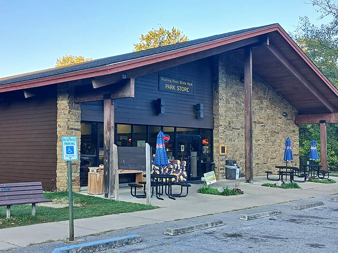 Rustic charm meets practical necessity – the park store's stone-and-timber design honors CCC craftsmanship while offering everything from fishing licenses to forgotten toothbrushes.