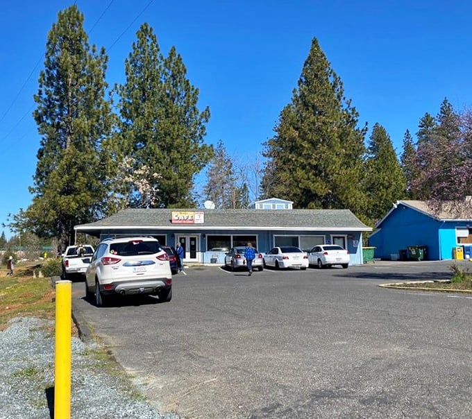 The blue building stands ready for another day of breakfast service, surrounded by pine trees and mountain air. Hunger's last stop.