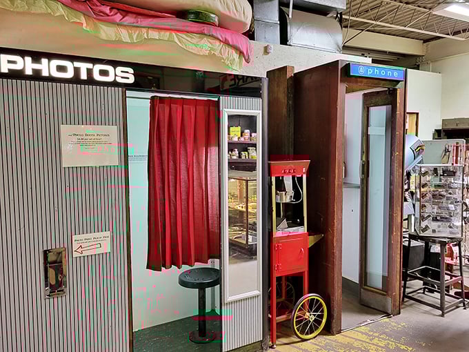 Vintage photo booths and phone booths—communication relics that once required quarters and patience rather than Wi-Fi and selfie sticks.