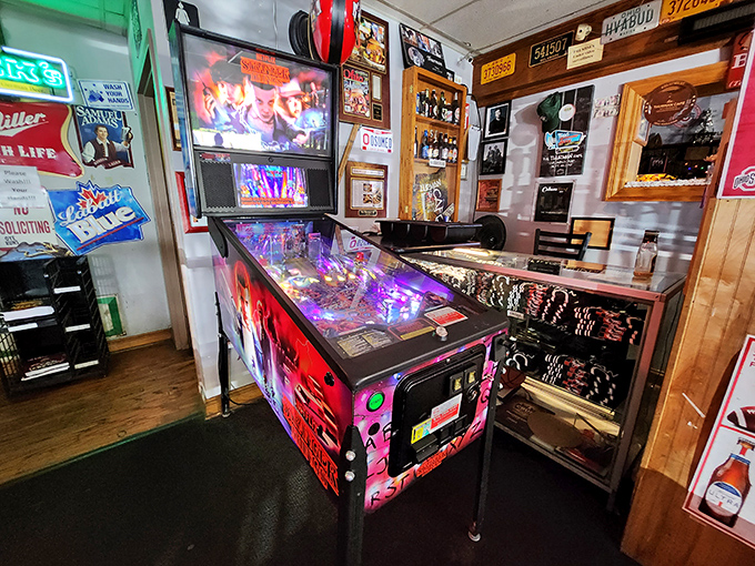 The pinball machine stands ready to entertain while you wait for your burger, a nostalgic distraction from growing hunger pangs.