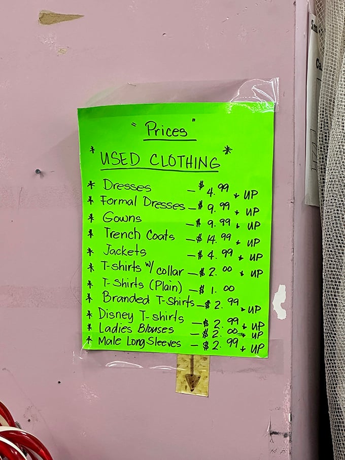 The price list that makes retail shoppers weep with joy. Where else can you score a Disney t-shirt for less than the cost of a theme park pretzel?