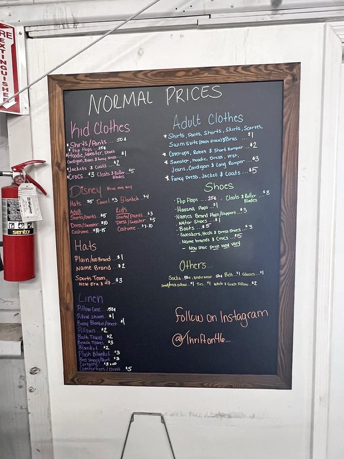 The price board reveals the true magic of thrifting – designer possibilities without the designer price tags.