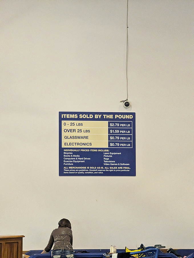 The pricing board tells the story—the more you buy, the less you pay per pound. It's like the universe rewarding your commitment to thrifting.