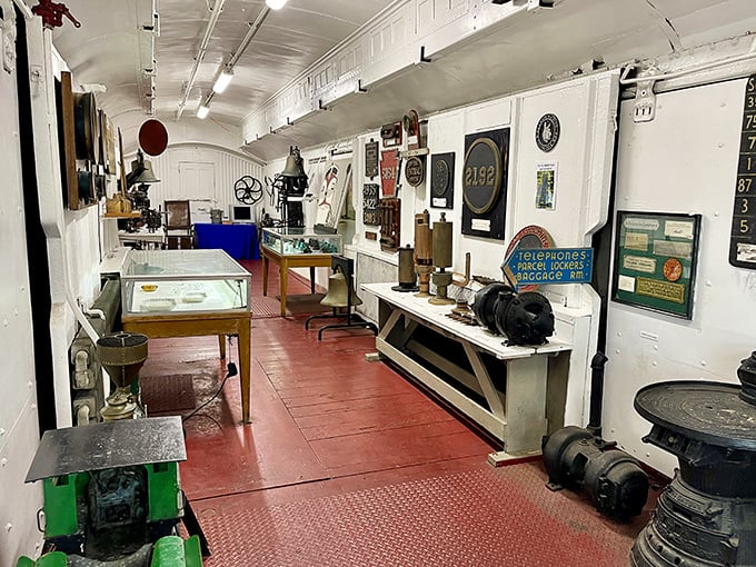 Inside this railcar exhibit, railroad artifacts line the walls—each item telling part of the story of how trains transformed American life.