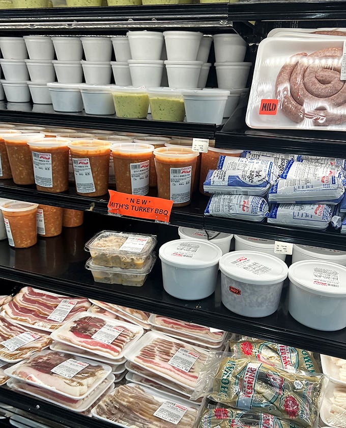 The refrigerated case offers take-home treasures including Smith's famous pimento cheese and BBQ – extending the experience beyond your visit.