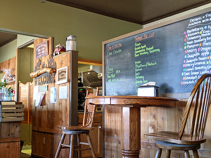 The chalkboard menu of pies reads like poetry—marionberry, strawberry rhubarb, and pumpkin are just the opening stanzas of this delicious verse.