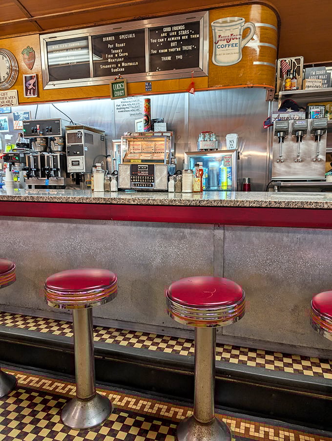 The counter view – where regulars claim their territory and servers remember exactly how you like your eggs without asking.