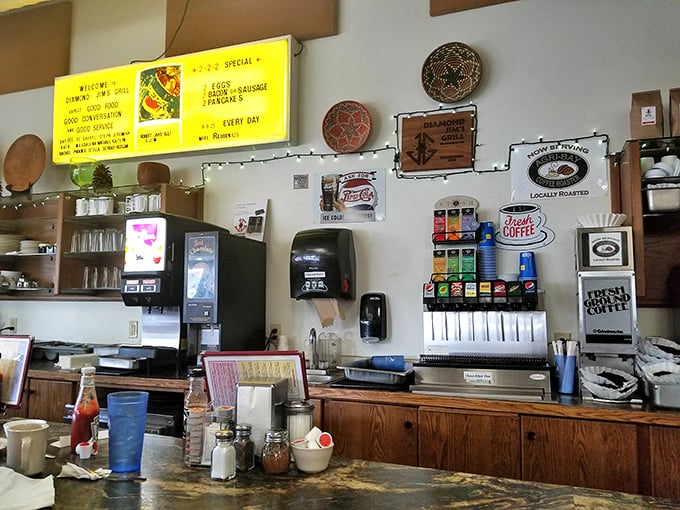The wall displays and coffee station tell stories of community connections – this isn't just a restaurant, it's a neighborhood hub.