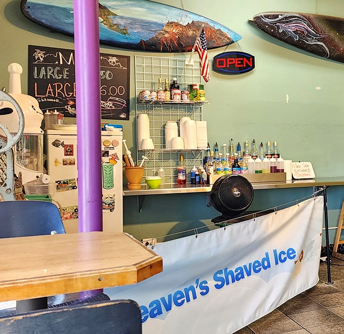 Heaven's Shaved Ice banner promises a sweet finale to your taco adventure—because sometimes dessert isn't negotiable.