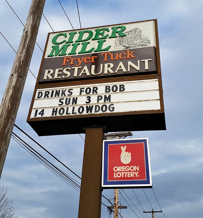 The roadside sign announces community events alongside the restaurant name – this isn't just a place to eat, it's a neighborhood hub.