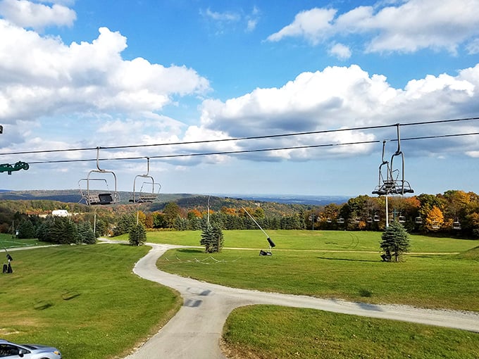 Empty chairlifts waiting patiently for winter's return – summer's reminder that seasonal changes bring entirely new ways to enjoy the same landscape.