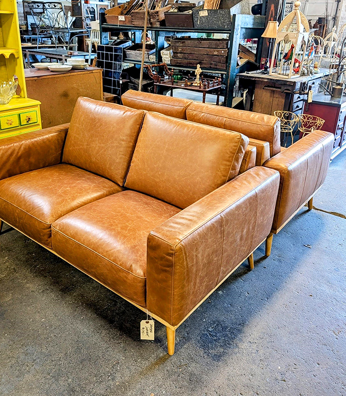 This caramel leather sofa duo brings mid-century cool to modern living rooms. Don Draper would approve of this sophisticated seating arrangement.