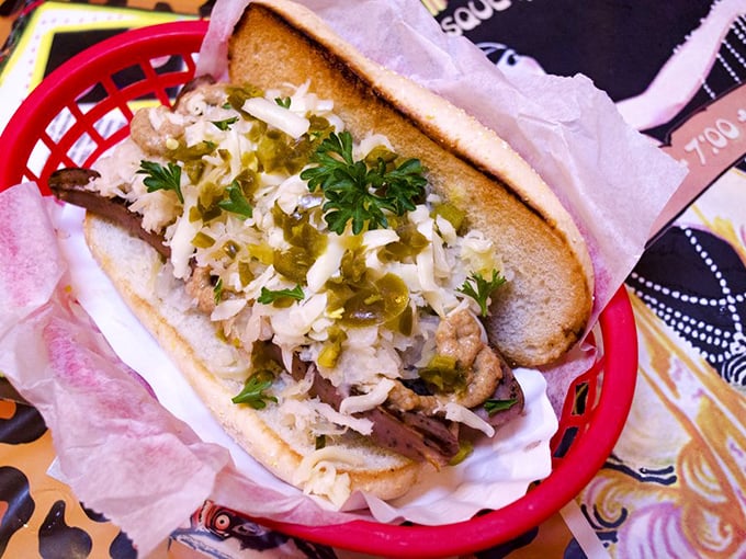 The Sophie dog doesn't just have toppings – it has accessories. That sauerkraut and cheese combination is the culinary equivalent of jazz hands.