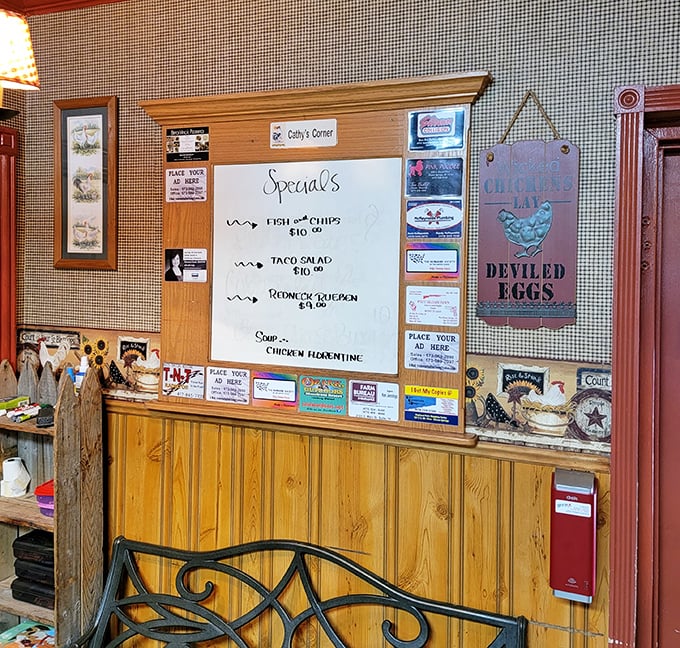 The specials board—where "Fish and Chips" and "Chicken Florentine" prove this breakfast haven has serious lunch game too.
