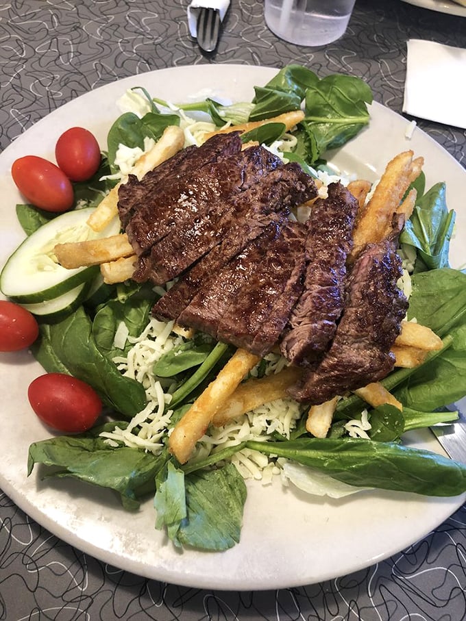 A steak salad that respects both the meat and the greens. Those fries crashed the health party, and nobody's complaining.