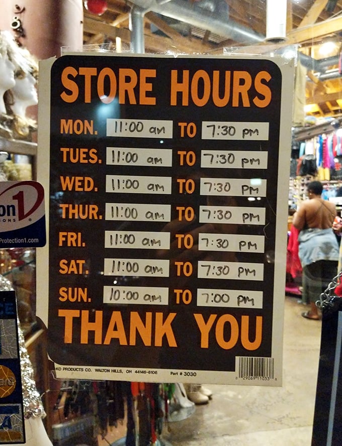 The store hours sign—a vintage hunter's most crucial information, especially when planning that pre-dawn Sunday dollar sale strategy.