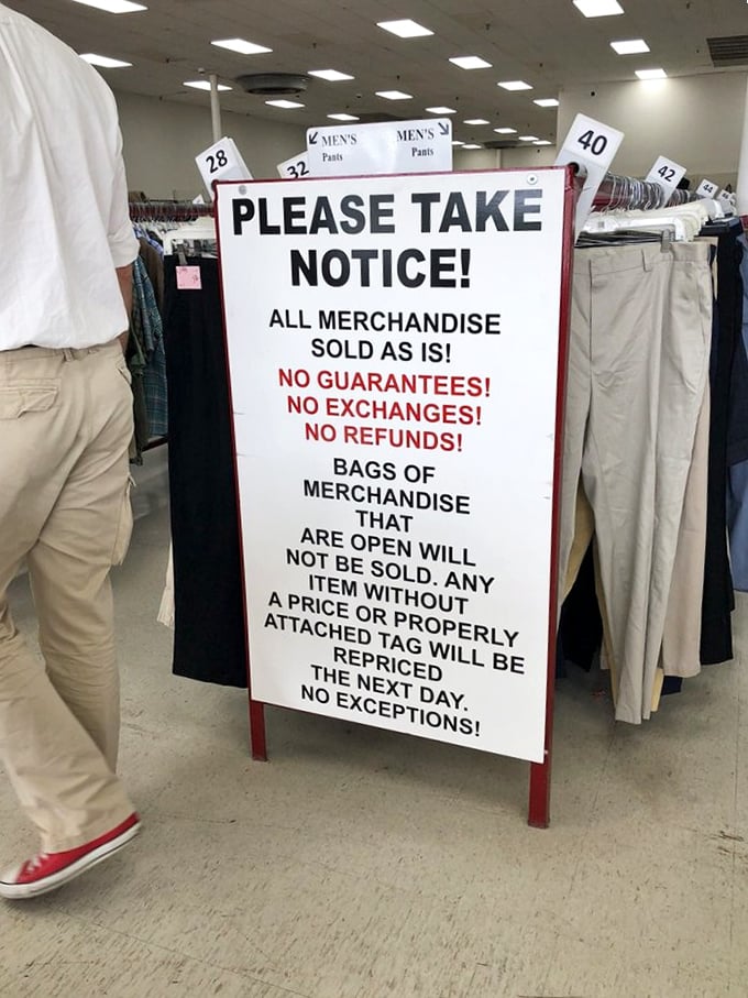The rules of engagement for thrift store warriors. No guarantees, no refunds, no problem—the thrill of the hunt comes with fine print.