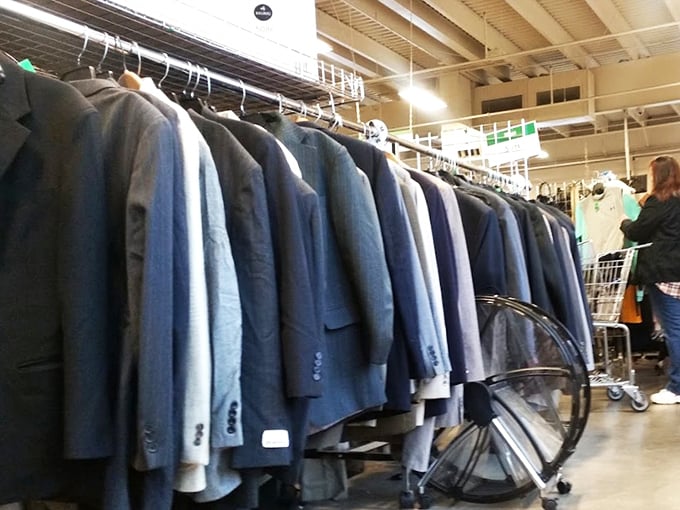 The suit section—where professional wardrobes get second chances. These gently-used blazers and slacks are ready for job interviews, weddings, or just feeling fancy on a budget.