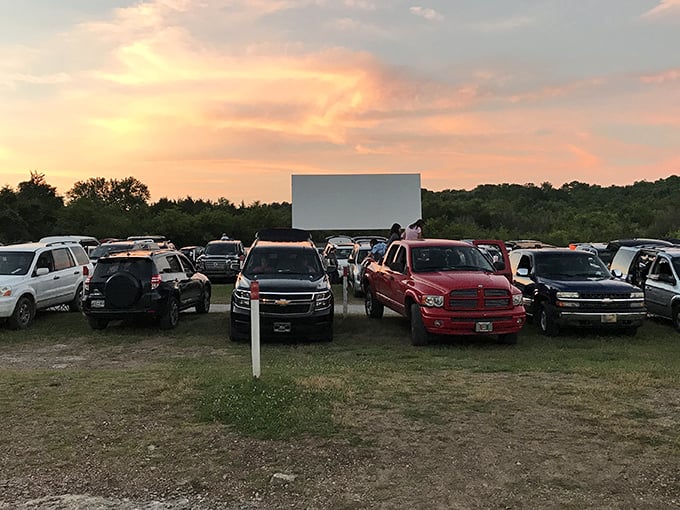 Sunset paints the sky in hues no CGI could match—nature's perfect opening act before the main feature at Stardust Drive-In.