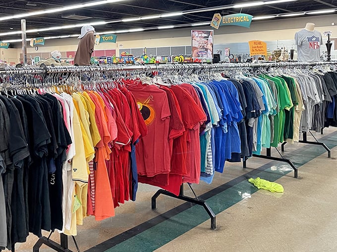 The rainbow road of t-shirts – organized by color with the precision of someone who clearly understands the importance of visual satisfaction.