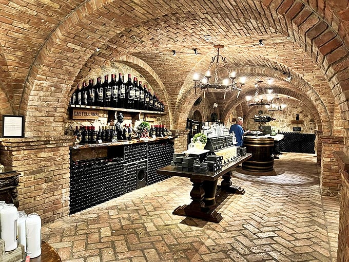 Vaulted tasting room where medieval ambiance meets modern viticulture in the most unexpected California marriage ever.