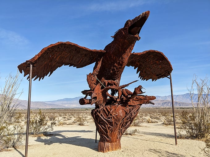 With wings spread wide enough to block the sun, this metal eagle commands both the sky and the imagination.