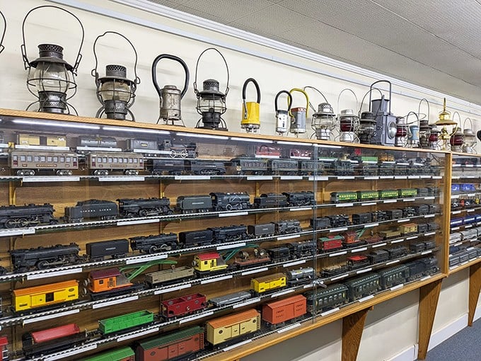 A rainbow of railroad history lines these shelves. The museum's impressive collection showcases trains that once connected America's small towns.