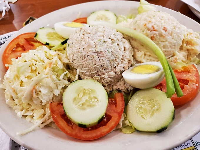 Tuna salad elevated beyond brown bag status – a garden of fresh vegetables surrounding creamy scoops that would make your grandmother nod approvingly.