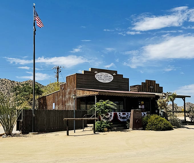 The Post Office flies Old Glory proudly, delivering mail and Western authenticity in equal measure since the Truman administration.