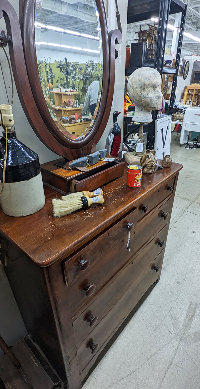 An antique vanity complete with oval mirror – where countless morning routines and evening preparations took place.