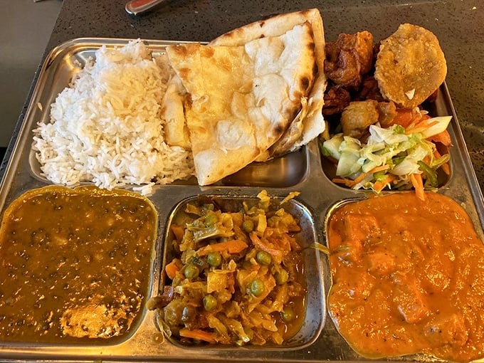 The vegetarian thali: a greatest hits album of Indian cuisine on one glorious plate.