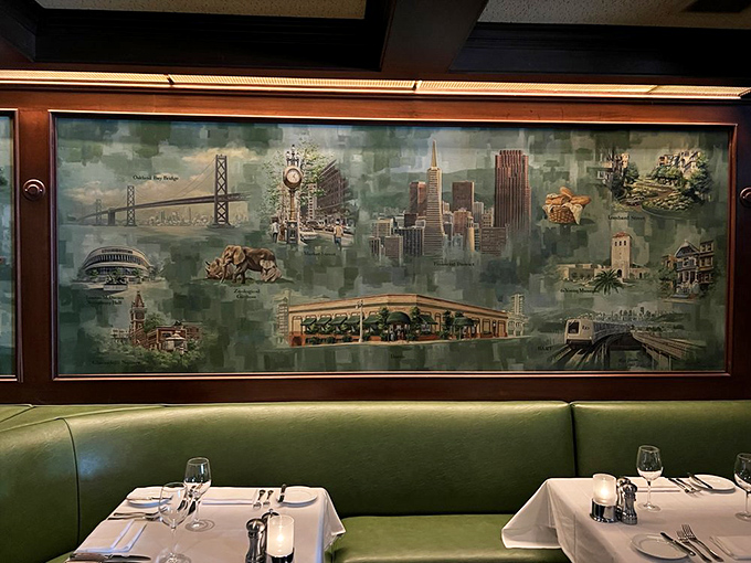 That mural celebrating San Francisco landmarks reminds you exactly where you are – in a city that takes its pleasures, including its steaks, very seriously.