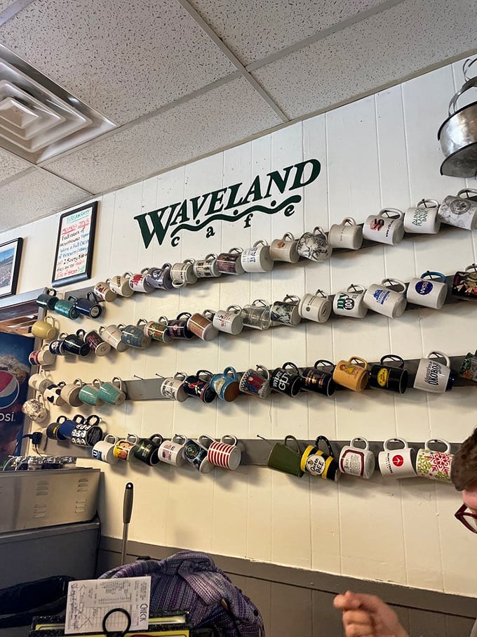 The mug collection—each one with its own story, hanging like trophies of countless conversations and friendships formed over bottomless cups of coffee.