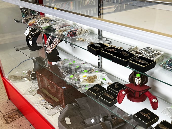 The jewelry counter sparkles with possibility—costume pieces alongside the occasional hidden gem that makes thrift store legends come true.