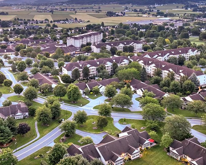 This aerial vista reveals the master planning that went into creating a community rather than just a collection of buildings.