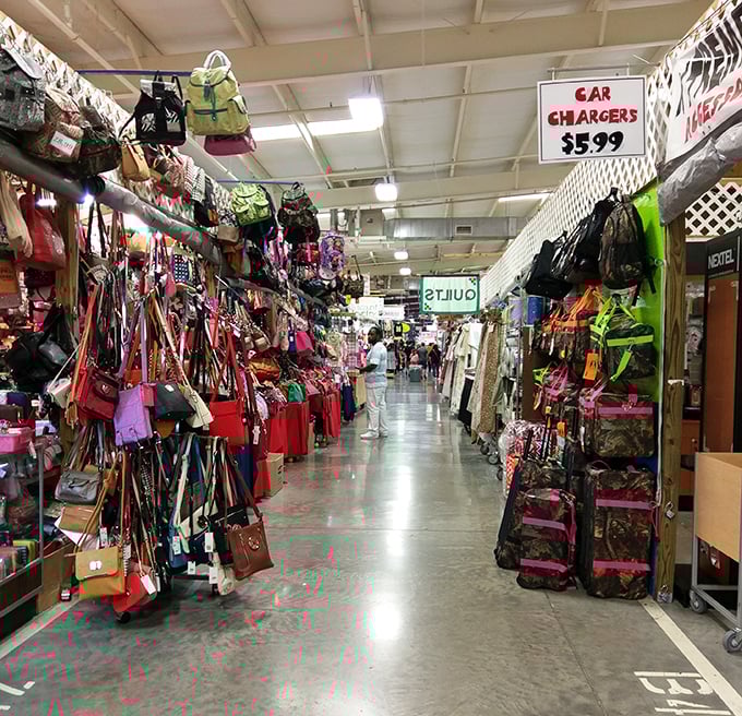 Handbag alley stretches into infinity—a technicolor canyon of purses where the perfect shoulder accessory is always "just ahead."